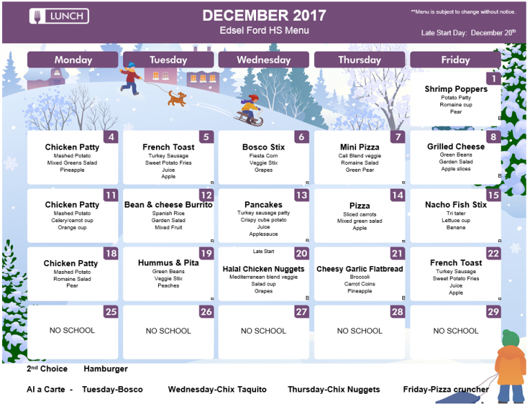 December Lunch Menu | Edsel Ford High School