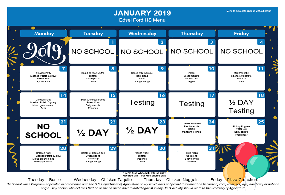 January Lunch Menu | Edsel Ford High School