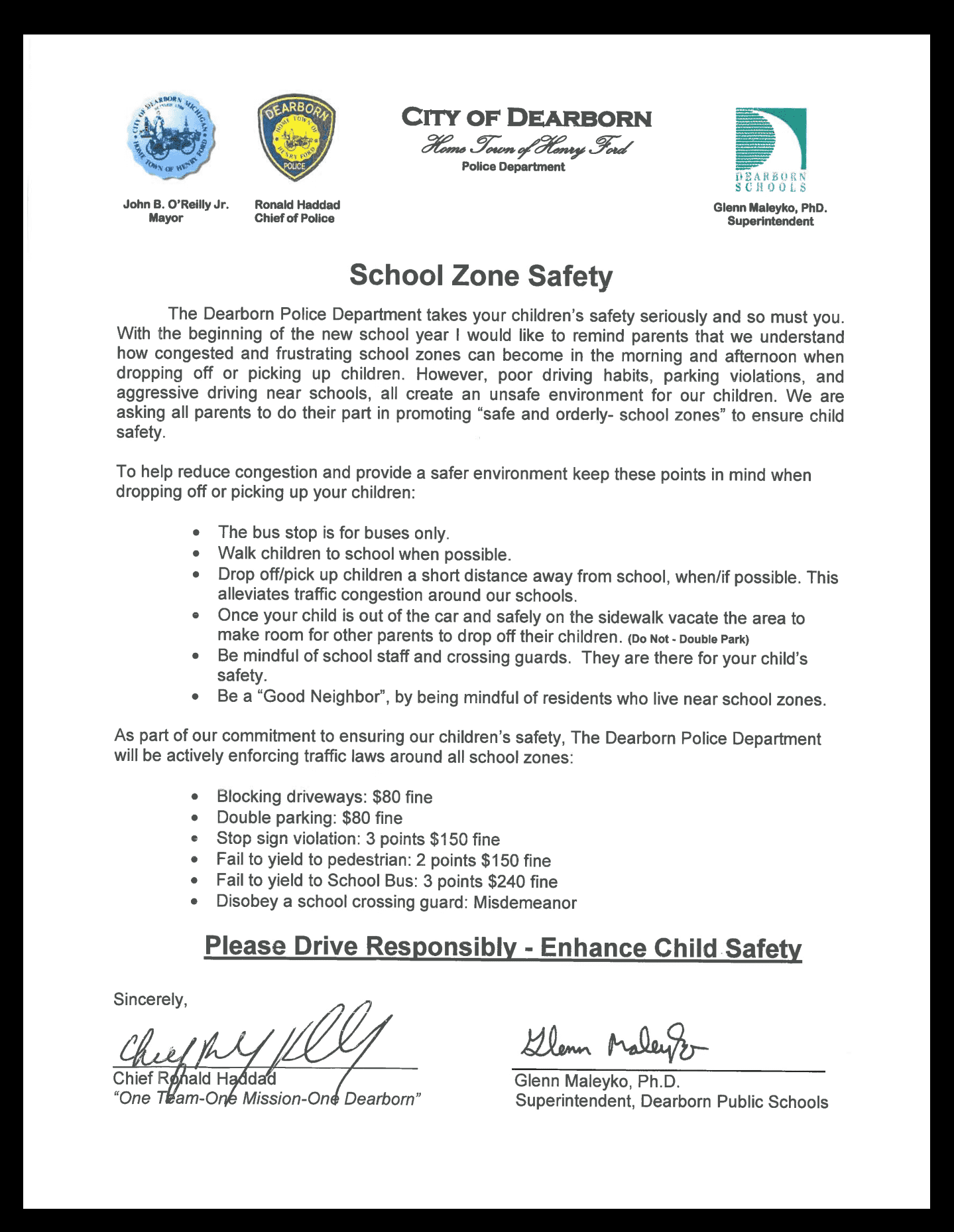 2019 School Zone Safety letters – Edsel Ford High School